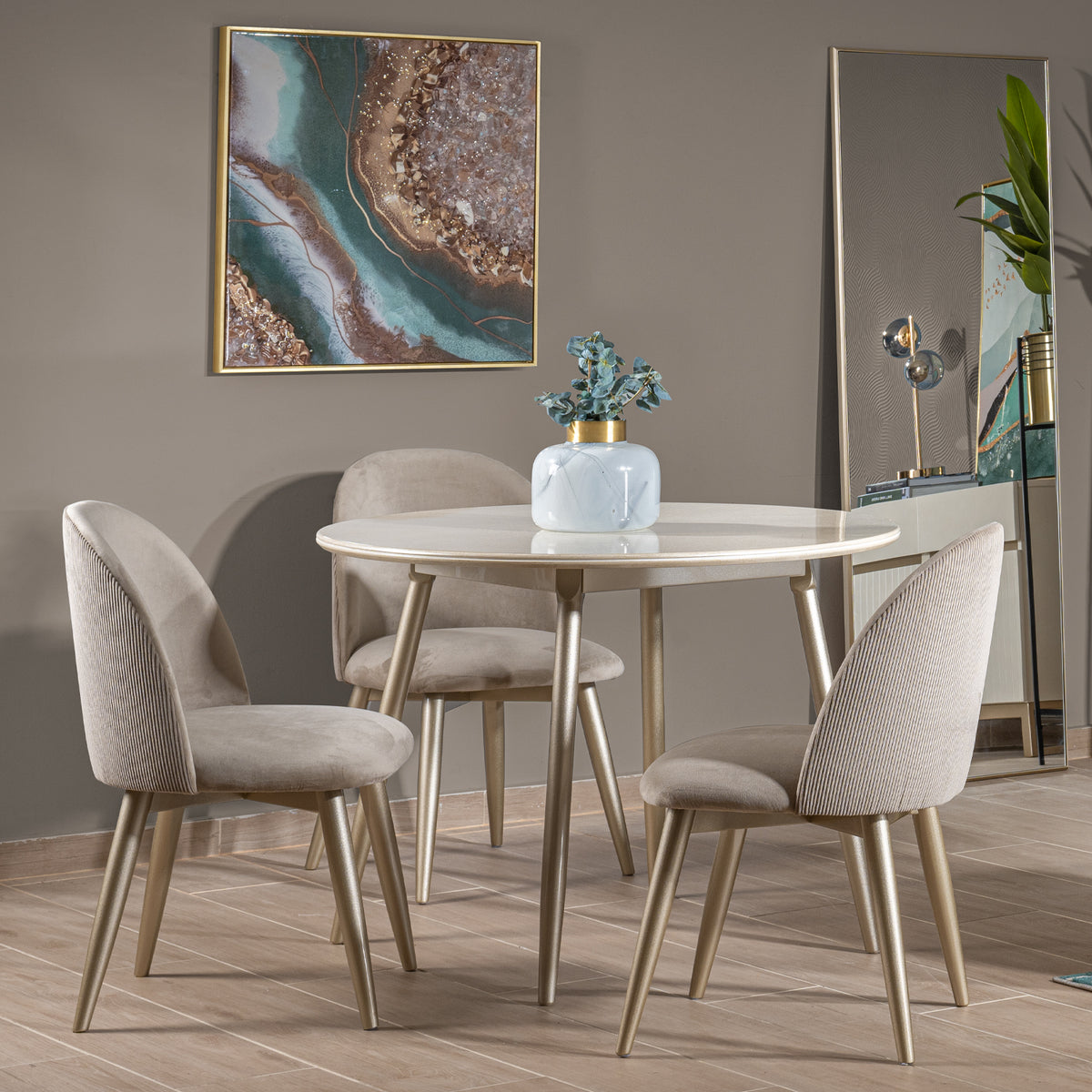 Comedor 4 Ptos Oslo Circular Velvet Beige, Champaña Poliuretano ...