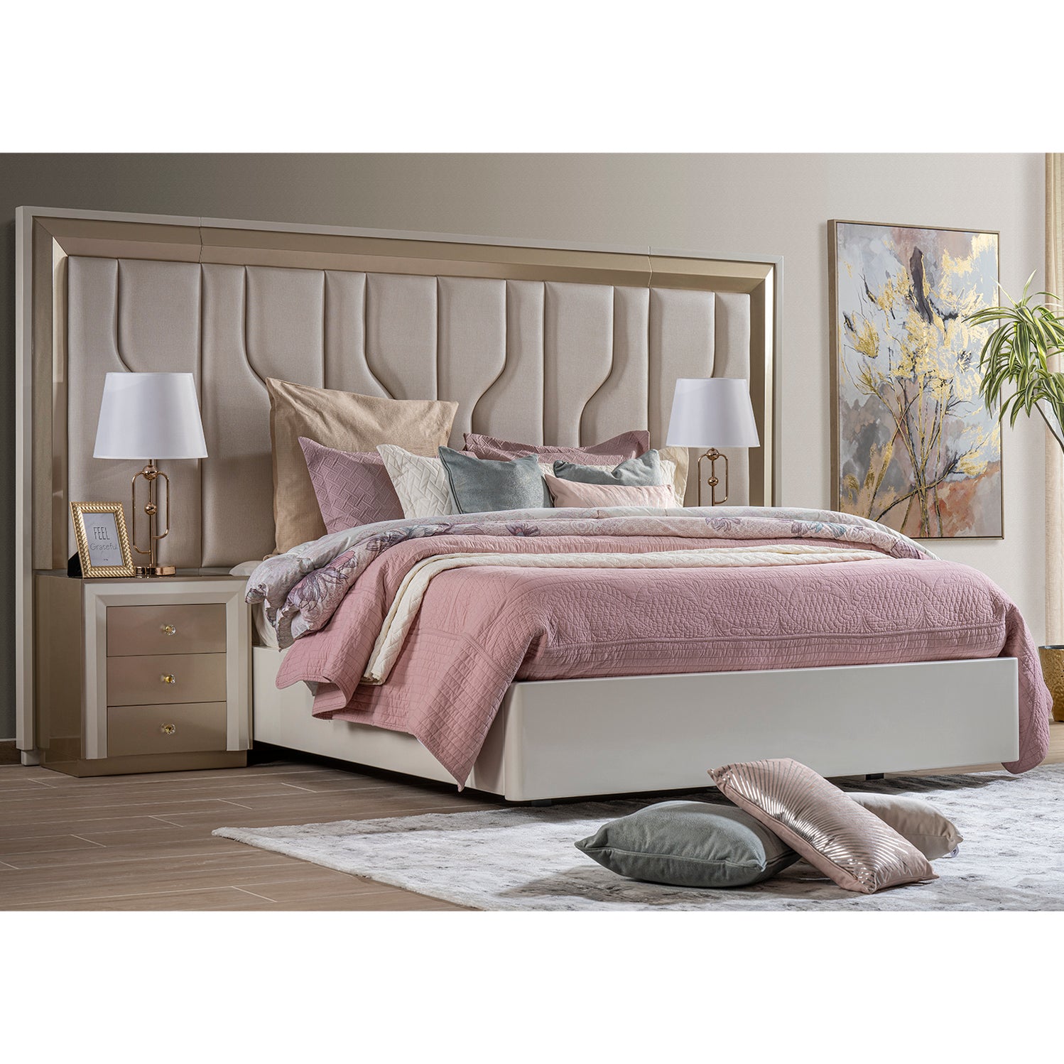 Recámara Queen Barrett Beige Perla,Champaña — Muebles Jamar Panamá