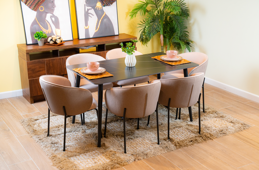 Comedor 6 Puestos Lumix Velvet Beige,Gris — Muebles Jamar Panamá