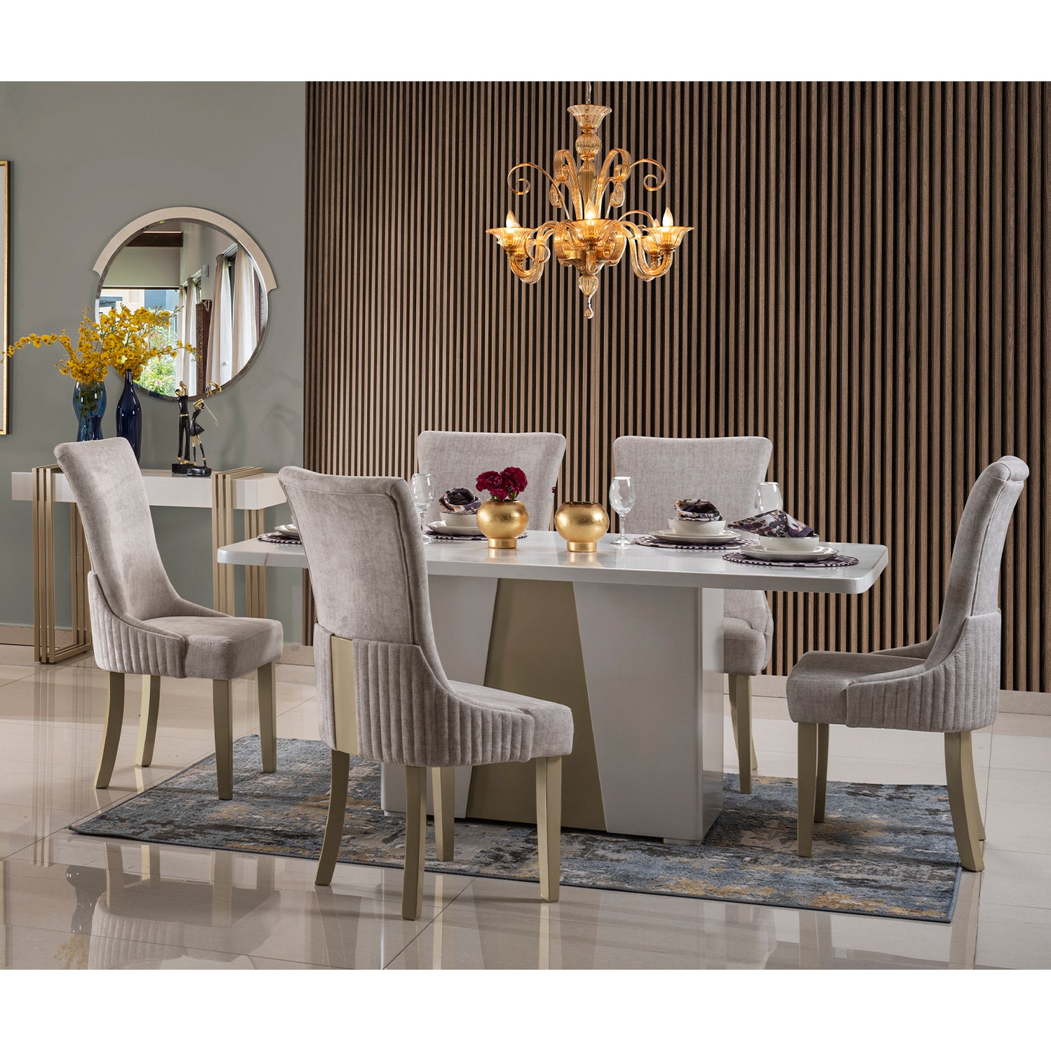 Comedor 6 Ptos Roma Velvet Marmol, Blanco Perla y Champaña — Muebles ...