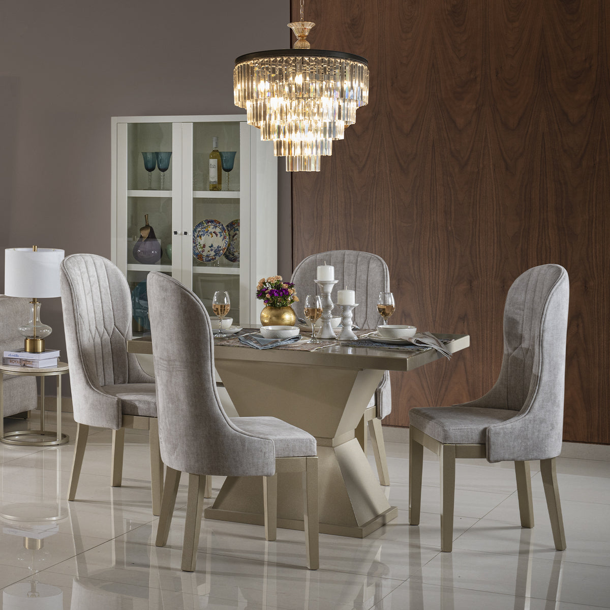 Comedor 4 Puestos Watson Velvet Marmol, Champaña — Muebles Jamar Panamá